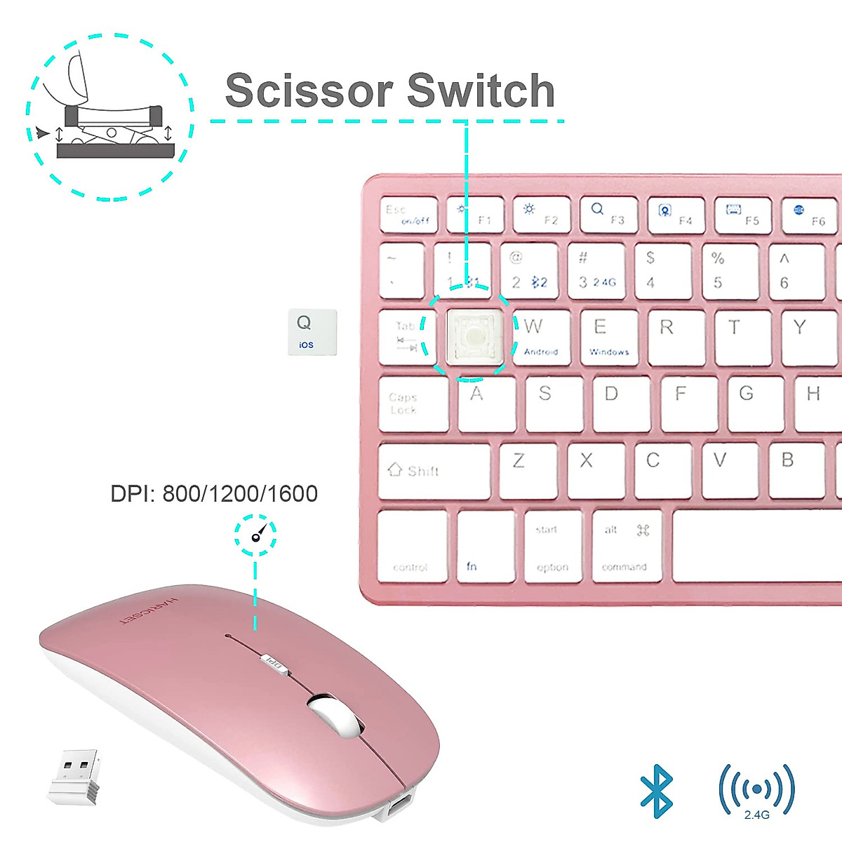 Wireless Keyboard Mouse Combo, Haricset Rechargeable Full-Size Silent Slim Dual-Mode(BT3.0+BT5.0+2.4G) Multi-Device Bluetooth Keyboard Set, 3 Level DPI Mouse,for Windows/Android/Mac OS/iOS (Rose Gold)
