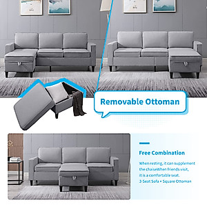Mjkone 78“ Sectional Sofa Couch for Living Room | Convertible Linen Sofa Chaise with Reversible Storage Ottoman | Modern Modular Sofa with 2 Side Pockets | Small Sofa for Small Places (Light Grey)