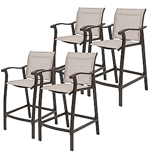 Crestlive Products Outdoor Counter Height Bar Stools Set of 4 Classic Patio Furniture Bar Chairs with Heavy Duty Aluminum Frame in Antique Brown Finish (Beige)