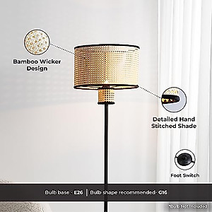 VidaLite Nakuv - Modern Bohemian Floor Lamp with 2 Tier PVC Rattan Shade and Velvet Stiched Rim for Foyer, Kitchen Living Room, Bedroom, Beige