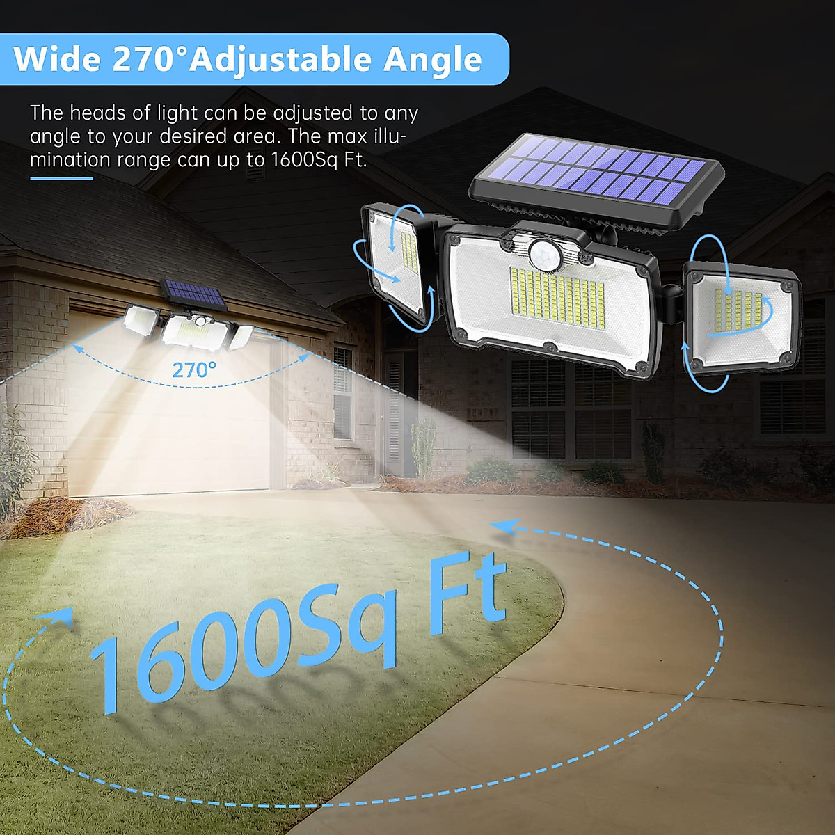 BAILABA Solar Outdoor Lights, 218 LED 2800LM Flood Lights with Remote Control, 3 Heads Solar Security Outdoor Lights, IP67 Waterproof, 270° Wide Angle Illumination Motion Sensor Lights with 3 Modes