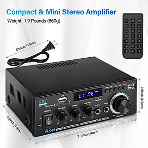 AK45 Home Audio Power Amplifier with Bluetooth, 100Wx2 Audio Stereo Receiver, Home Amplifiers w/FM Radio USB, AUX, RCA, SD for Home Theater Speakers Audio Stereo, Studio
