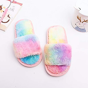 techcity Boys Girls Fuzzy House Slippers Cute Comfy Faux Fur Slip On Fluffy Plush Open Toe Home Slides for Kids Indoor Outdoor Warm Shoes (Rainbow, numeric_13_point_5)