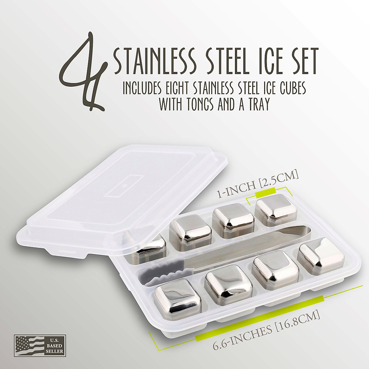 G Francis Beverage Chiller Stones - 8pc Reusable Freezer Whisky Stainless Steel Ice Cube Set with Tongs and Container