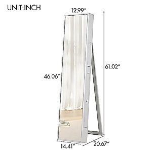 BOSTANA Standing Jewelry Organizer Armoire With 2 Push-Pull Jewelry Cabinet,Anti-trpinig Leaning Full Length Mirror,Body Mirror with 2 Jewelry Drawer For Girls,Women, Bedroom Decoration,Gift