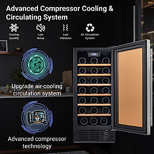 Smad 15 inch Wine Cooler Under Counter, 31 Bottle Built in Wine Fridge with Wood Shelf, Double Reversible Glass Door, Digital Temperature Control, Super Quiet, Stainless Steel, Black