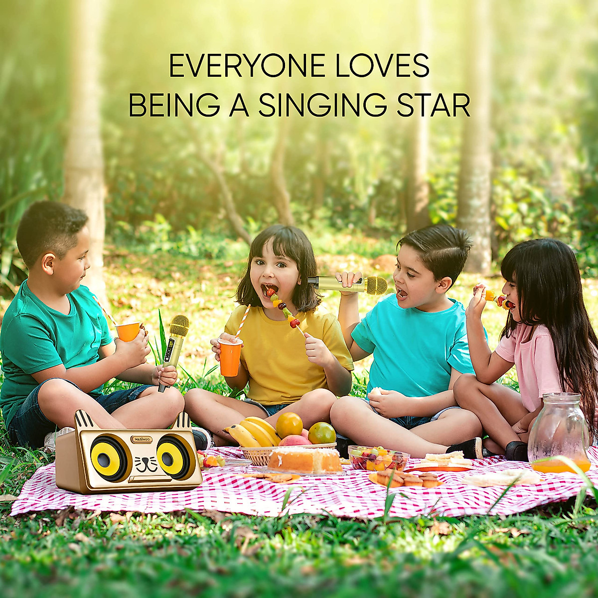 MASINGO Kitty Cat Karaoke Machine for Kids, Children and Toddlers with 2 Wireless Bluetooth Microphones, PA Speaker System Includes Lyrics Display Phone Holder, TV Cable and Singer Vocal Removal Mode