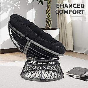 KROFEM 37" Wicker Papasan Circle Chair 360° Swivel, Indoor Outdoor Furniture, Ideal for Teenagers, Frame with Black Thick Cushion
