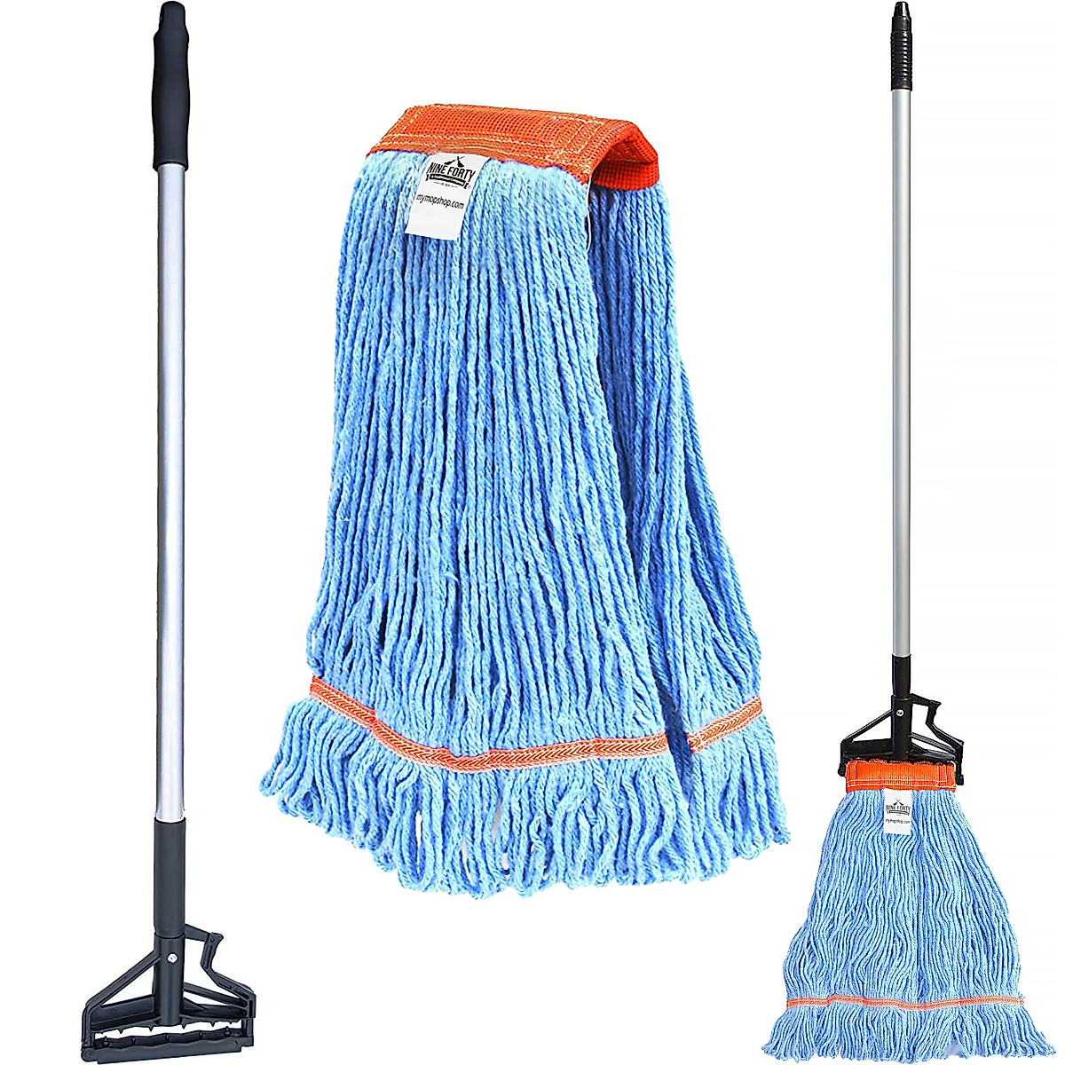 Nine Forty Industrial and Commercial-Grade Looped End Wet Mop - String Mop with 42”-72” Adjustable Aluminum Handle Length - Flip Grip Clamp - for Optimal Absorption and Durability - Blue