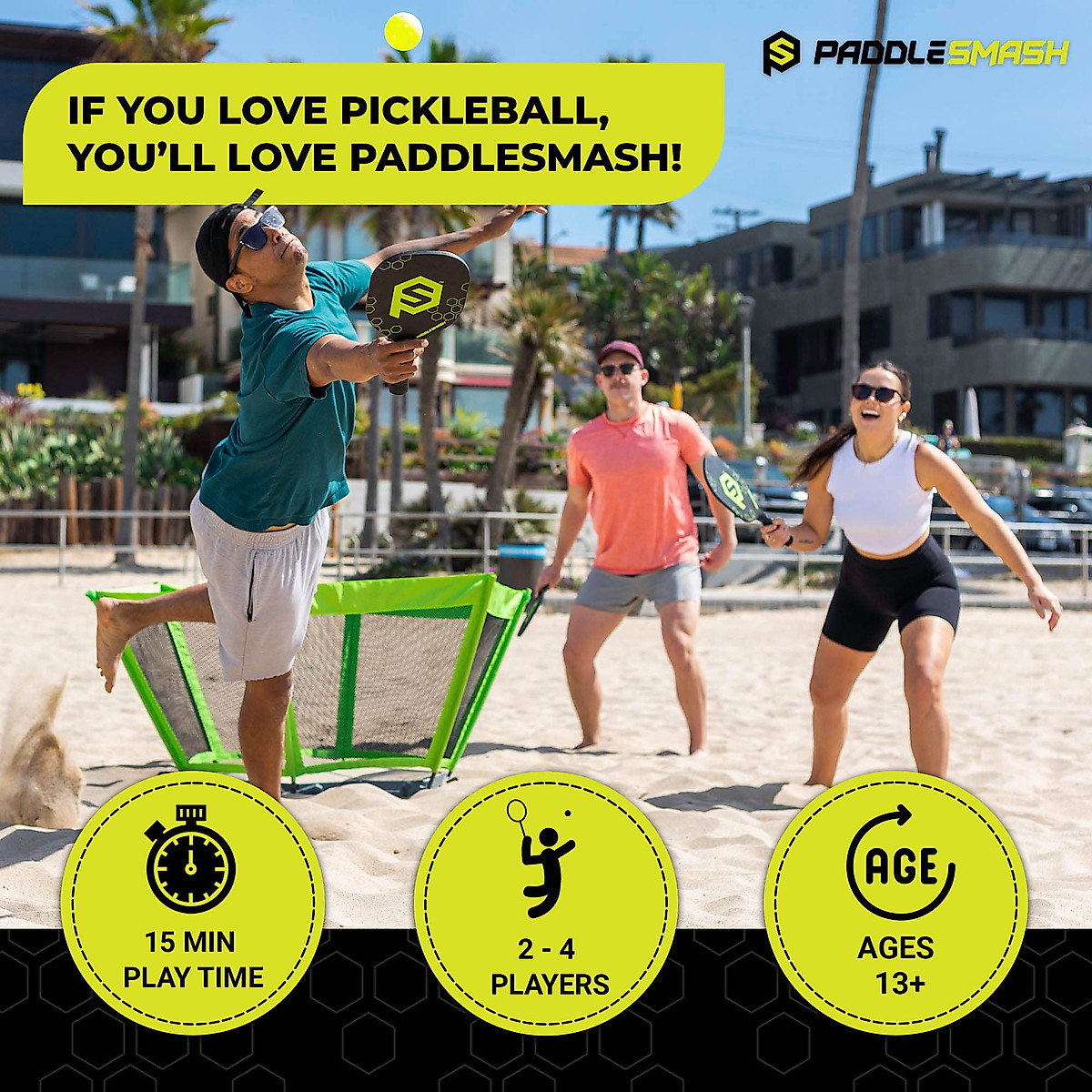 PaddleSmash – Pickleball Yard Games - As Seen on Shark Tank - Beach, Backyard, Lawn, Outdoor Games for Adults and Family – Easy Assembly - Includes 4 Pickball Paddles, 2 Balls & Case