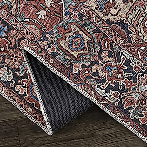 Neyland Machine Washable Living Room Area Rug - Oriental Traditional Persian Medallion Carpet - Vintage Bohemian Look - Dark Red, Burgundy, Blue - 9' x 12'