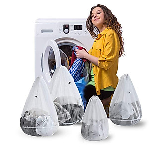 ARZASGO Mesh Laundry Bags, Pack of 4 Durable Drawstring Laundry Washing Bags for Delicates, Garments, Lingerie, Socks, Bras and Baby Clothes (Coarse&Fine Mesh)