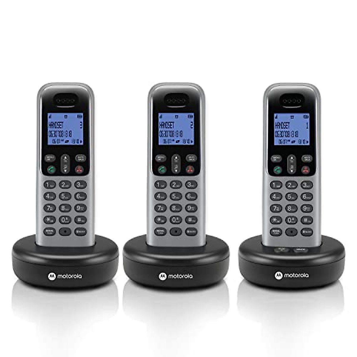 Motorola Voice Cordless Phone System w/ 3 Digital Handsets + Answering Machine, Remote Access, Call Block - Dark Grey (T613)