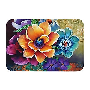 Flower Diamond Painting Print Bathroom Rugs Soft Flannel Area Rug Non-Slip Bath Rug Welcome Door Mat Carpet for Living Room Bedroom Outdoor 24 x 16 in