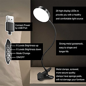 AVEVA Clip on Desk Lamp,96 CRI Eye Protection Book Light,Small Desk Lamp for Dorm,3 Color Modes,Dimmable LED Table Lamp,Black Metal Body 360° Gooseneck Reading Light (Non-Rechargeable )