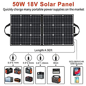 50W 18V Portable Solar Panel, FF FLASHFISH Foldable Solar Charger with 5V USB 18V DC Output Compatible with Portable Generator, Smartphones, Tablets and More