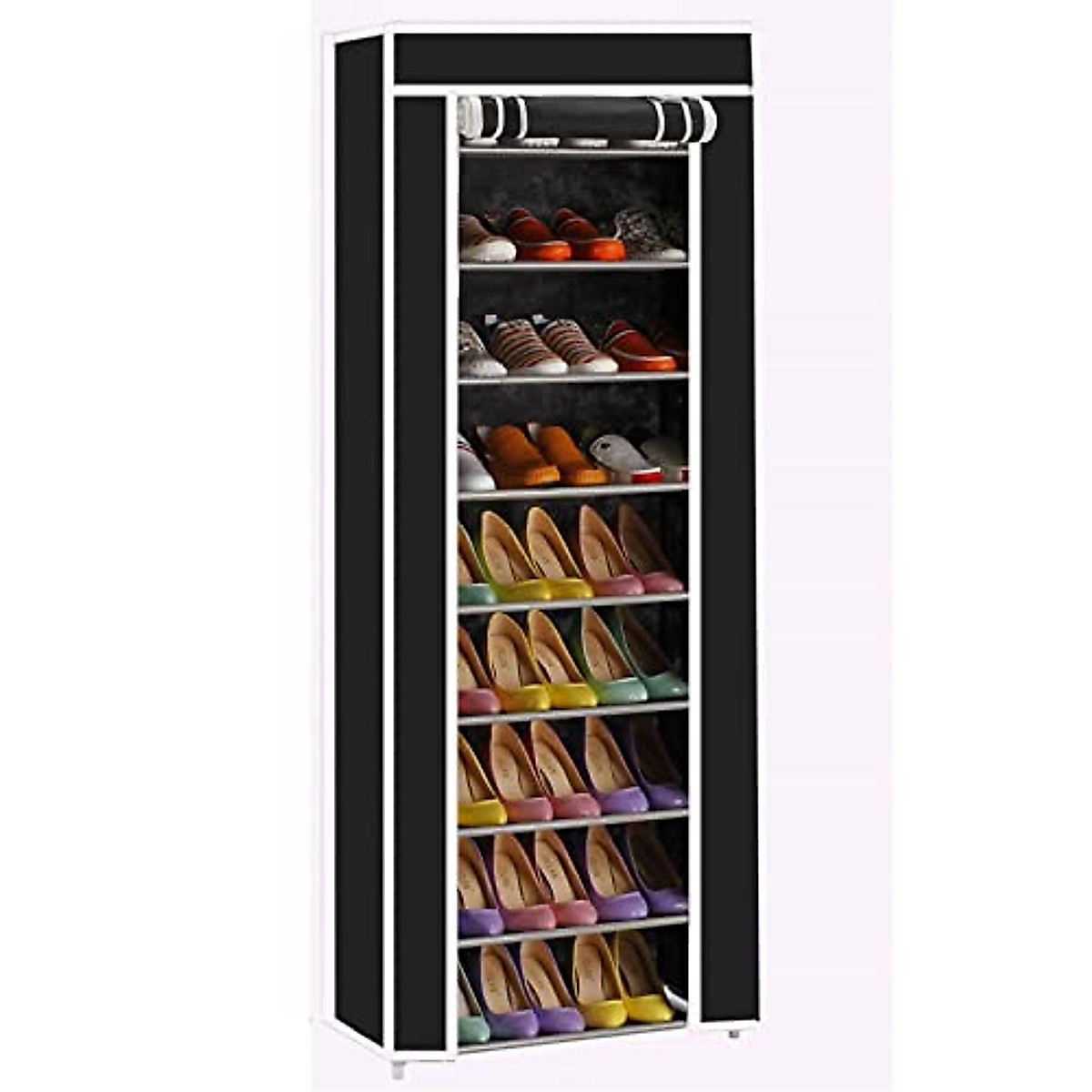 GOODSILO Shoe Organizer Stand 9 Tier Tall Shoe Rack Storage Steel w/ Non-Woven Fabric Dustproof Covered Shoe Shelf Stackable Closet & Entryway, Black (GSY-DM-016BL)