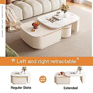 GraceNook Extended Oval Coffee Table with 2 Pu Leather Stools Set, Length Extend from 35"- 54", Nesting Coffee Table 3 Sets with Faux Marble Surface, Center Table with 2 Drawers for Living Room