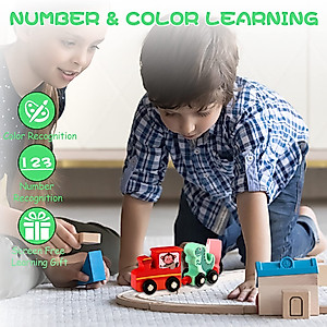 Toddler Dino Train Toys Dinosaur Number Train Set, Montessori Wooden Number Learning Cars with Handheld Balance Gift for Boys Girls, fit with Major Brands Wooden Tracks…