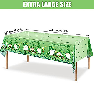 Tegeme 3 Pieces Happy St. Patrick's Day Tablecloths, Gnome Shamrock Pattern Table Covers Green Disposable Plastic Rectangular Table Cloth for Dinning Room Kitchen Party Decor, 108 x 54 Inches