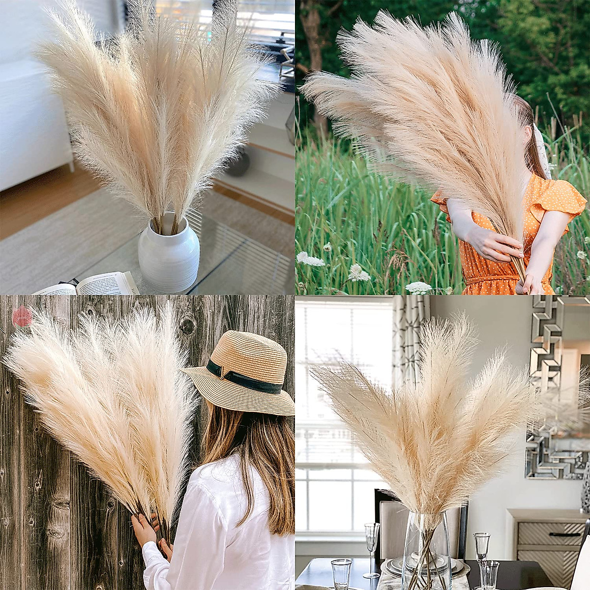 PEMUISE Pampas Grass Decor Tall 43'' 4pcs Pompous Grass Artificial Flowers Faux Pampas Grass Decor Plants Tall Bohemian Style Vase Filler Pampas Grass Branches for Home Office Decor (Beige)
