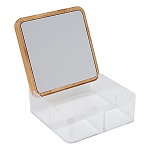Simplify 3 Compartment Organizer with Bamboo Lid | Mirror | Perfect for Jewelry | Cosmetics | Accessories | Vanity & Countertop | Keepsake Storage Box | Clear