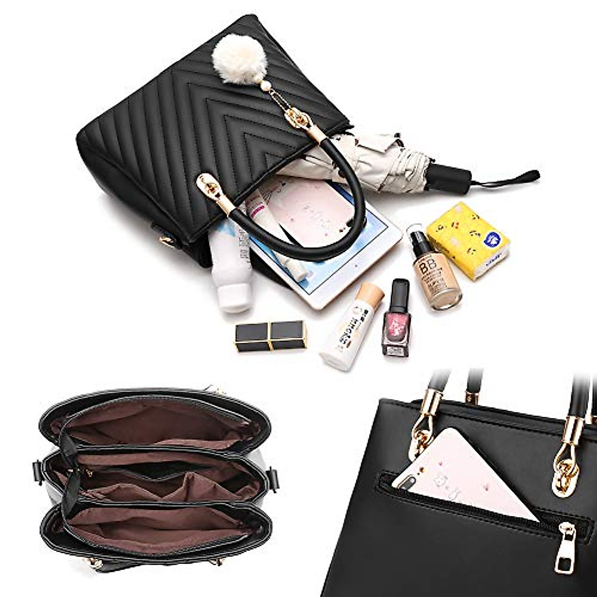 Womens Fashion Leather Handbags Quilted Purses Top-handle Totes Satchel Bag for Ladies Shoulder Bag for Girls with Pompom White