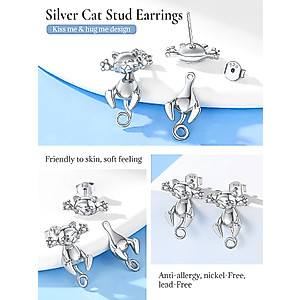 925 Silver Cute Cat Earrings Stud Solid Sterling Jewelry " Kiss me Hug Me" 3D Kitten Ear Jacket Earring for Women Teen Girls