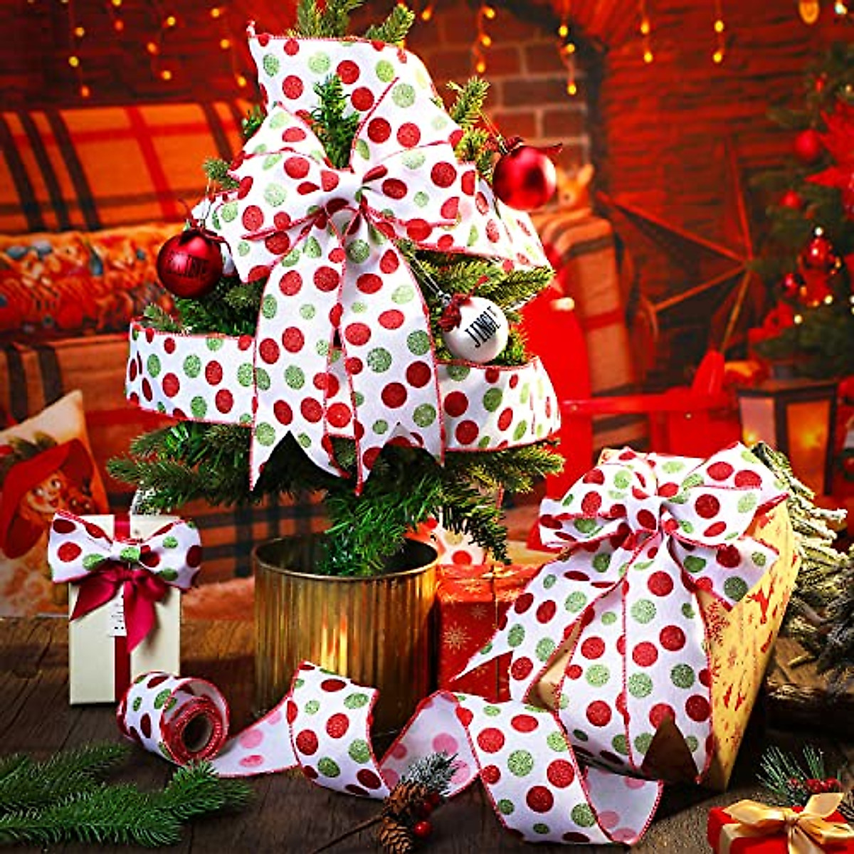 4 Rolls 24 Yard Christmas Green Red Dot Ribbons, 4 Sizes Glitter Wired Edge Ribbons Burlap Polka Dot Ribbon Wide Christmas Ribbon for DIY Craft Bows, 6 Yard Per Roll (White)