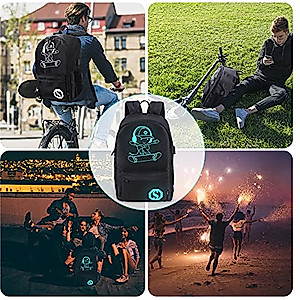 Pawsky Skateboard Anime Luminous Backpack School Backpack with USB Charging Port, Anti Theft Lock, Sling Bag & Pencil Case for Teen Boys and Girls, College School Bookbag Lightweight Laptop Bag, Black
