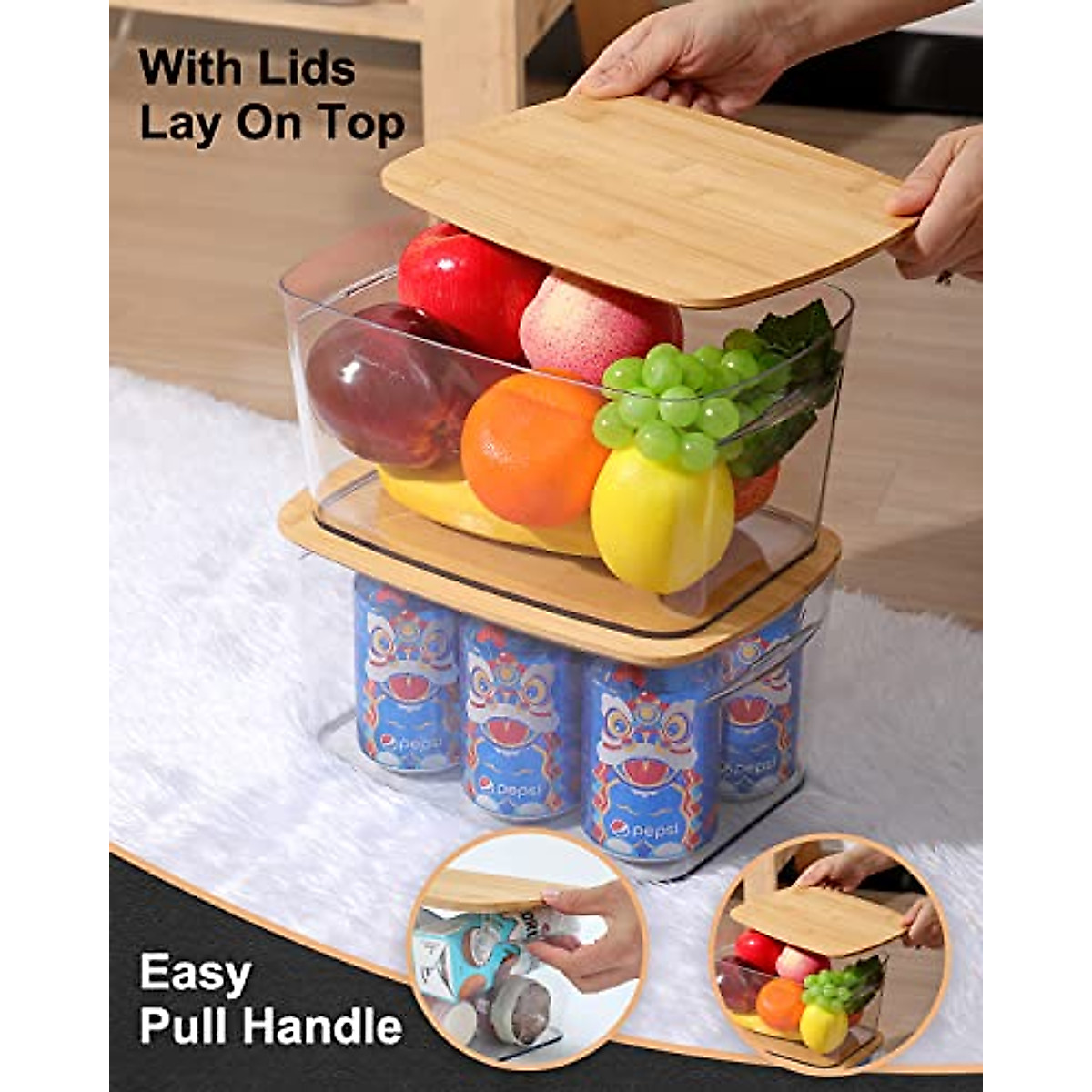 Storage Bins with Lids 4 Pack Stackable Clear Plastic Storage Bins with Bamboo Lids, Refrigerator Organizer Bins,Small Storage Containers for Organization and Storage, Sturdy and Stackable, 6.8 Quart