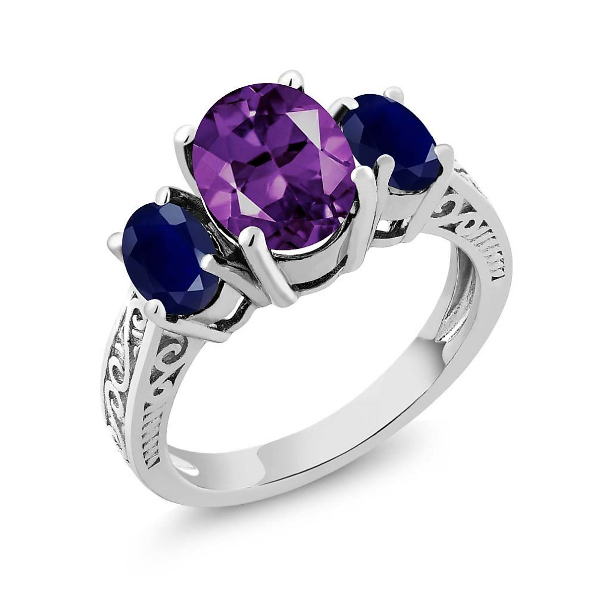Gem Stone King 925 Sterling Silver Purple Amethyst and Blue Sapphire 3-Stone Ring For Women (2.76 Cttw, Gemstone Birthstone Available 5,6,7,8,9) (Size 7)