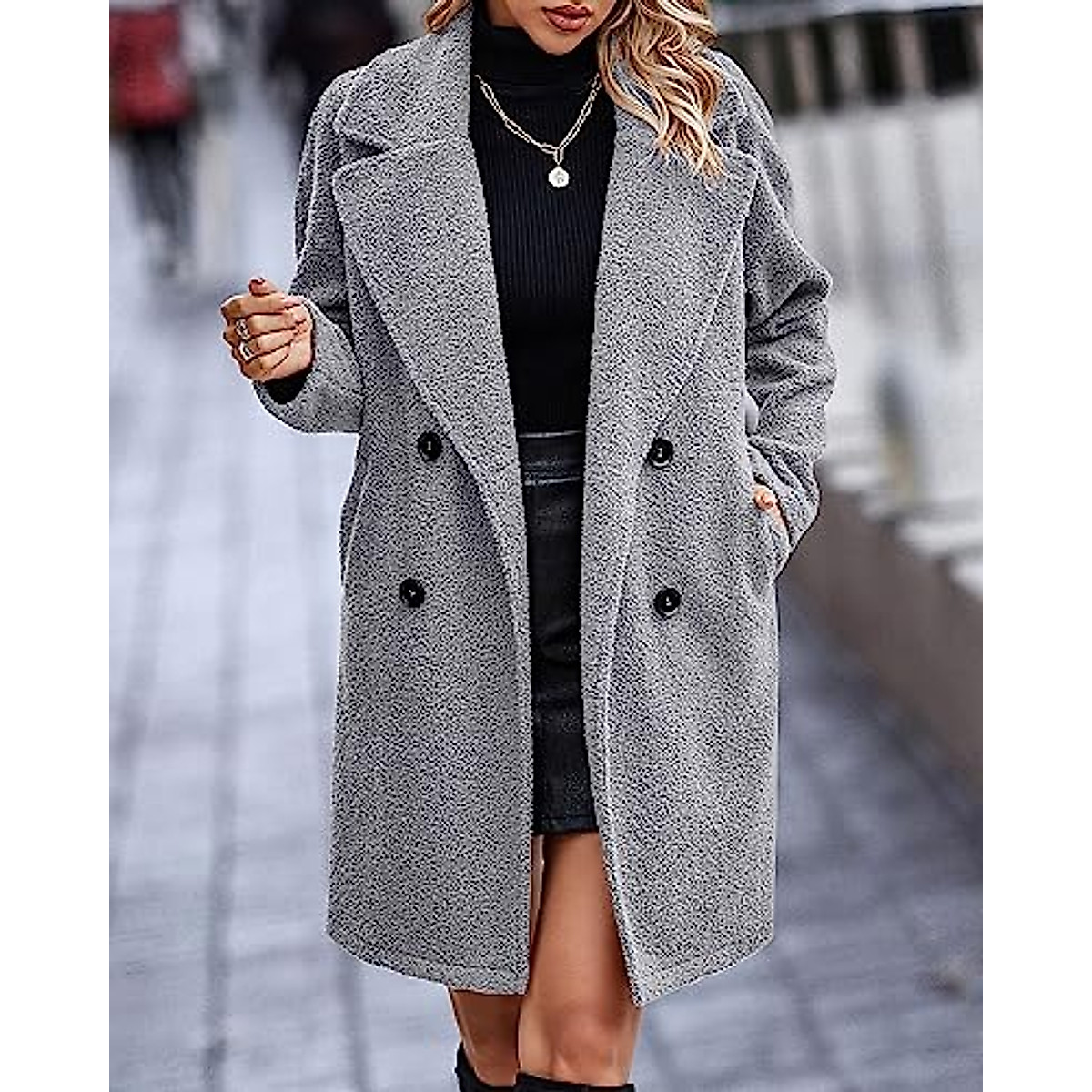 BTFBM Women's 2023 Fuzzy Fleece Winter Coat Lapel Long Sleeve Button Down Warm Faux Fur Outwear Sherpa Jacket Cardigan(Solid Light Grey, Small)