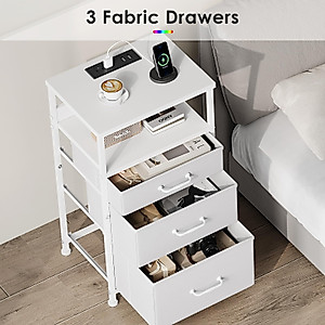YeTom Nightstand with Charging Station, LED Night Stand with Drawers (Fabric), Bedside Table with Open Shelf, End Table with Steel Frame, 3 Drawer Dresser for Bedroom, Small Space, White Nightstand