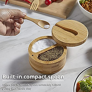 Bivvclaz Large Salt Spice Box with Swivel Lid Bamboo Salt Cellar with Lid and Spoon, 2-Compartment Salt Pepper Bowls for Salt & Spices, Salt Container Holder for Sea Salts, Dual 6 oz