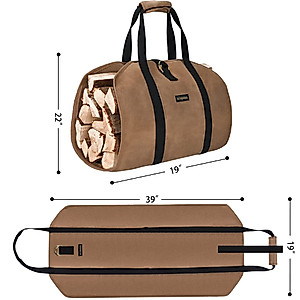 Firewood Carrier,Large Wood Carrying Bag with Handles Fireplace Log Carriers & Holders,Security Strap Camping Wear-Resistant & Dirt-Proof Waxed Canvas Indoor Stand Brown(Double Brass Rings)