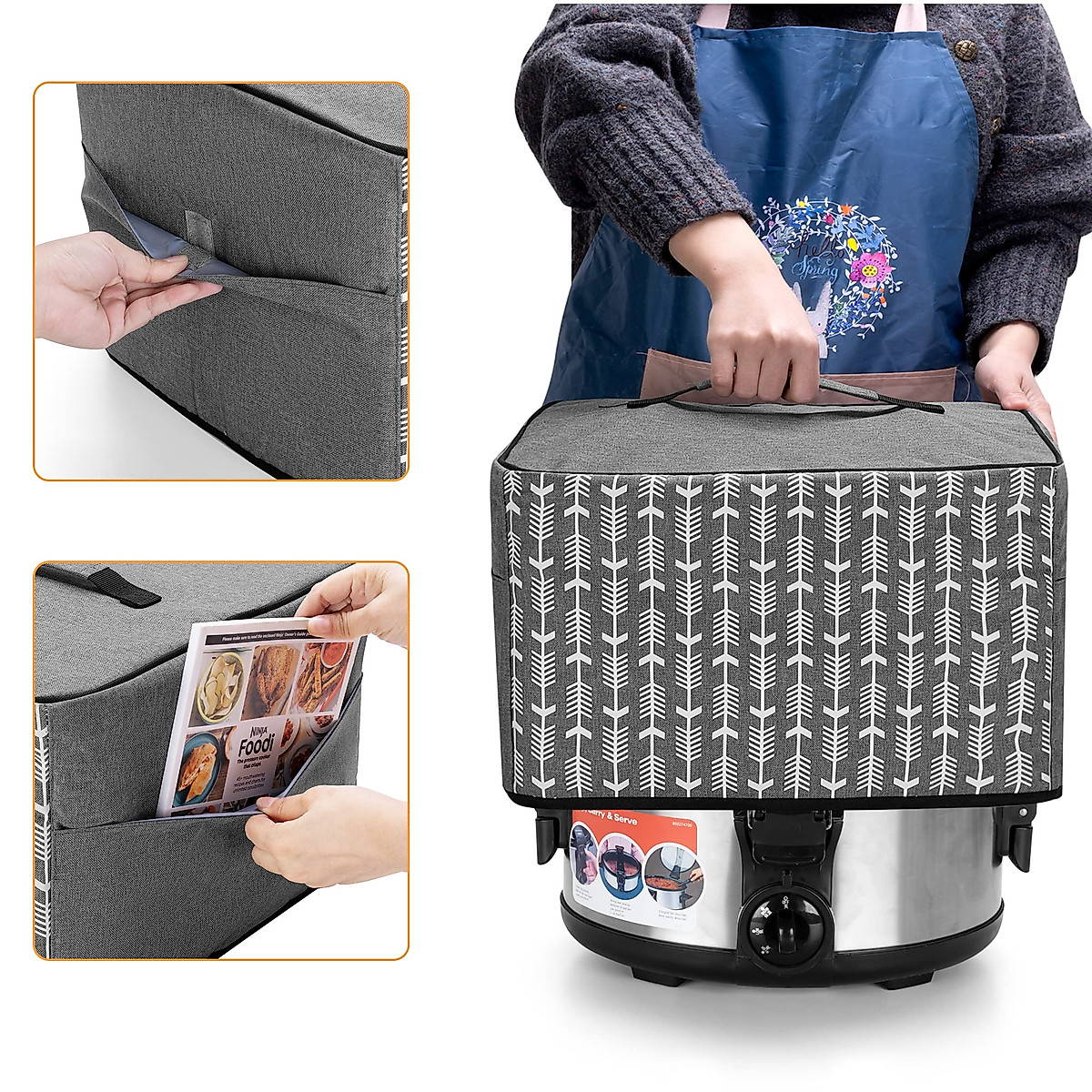 YARWO Slow Cooker Dust Cover Compatible for Hamilton Beach 6-8 qt Slow Cooker and Crock Pot , Dust Cover with Top Handle and Pockets, Gray with Arrow