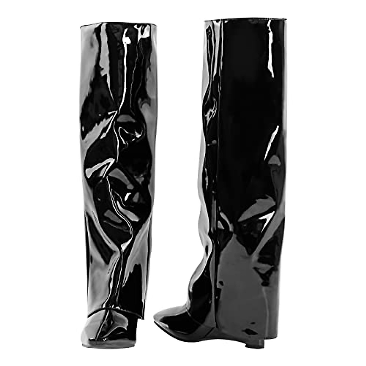 PINOKISS Black Size 11 Women's Knee High Square Toe Faux Patent Leather Pull On Wedge Heeled Boots