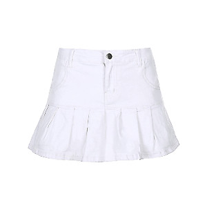 Yeokou Women's Casual Slim A-line Pleated Ruffle Short Mini Denim Skirts(ITE-M) White