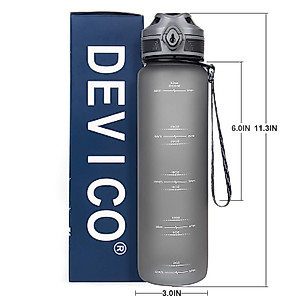 DEVICO 32oz Water Bottle with Time Marker, BPA Free & Frosted Tritan Plastic, Fast Flow & Leak Proof Flip Lid, Best Choice for Cycling, Running, Camping or Office Work