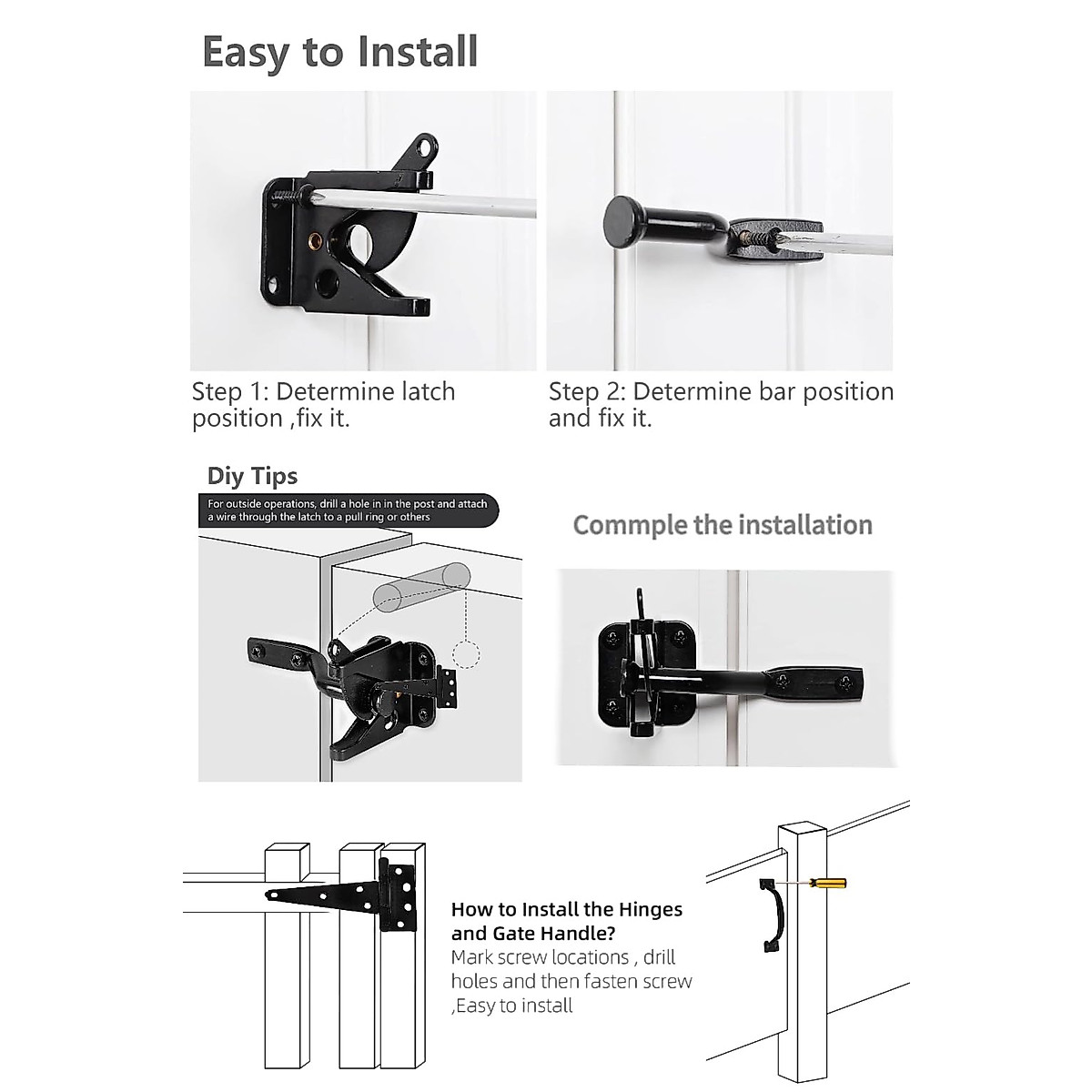 HOME MASTER HARDWARE Wood Gate Hardware Set- Heavy Duty 6" Gate Tee Hinge,Pull Set Gate Hardware Kit with Screws for Outdoor Fence Swing Gate Black Finish
