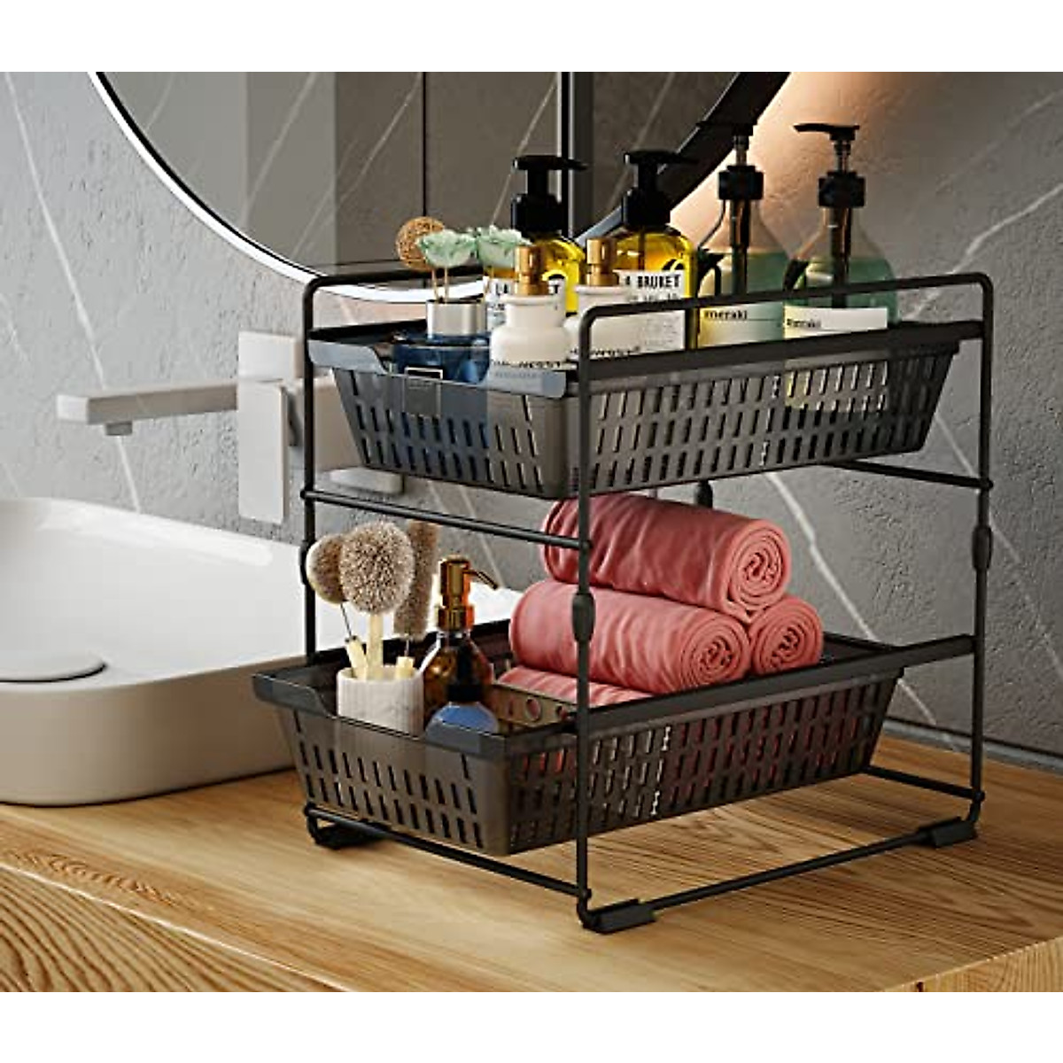 Under Sink Organizer,Bathroom Organizer Under Sink with Sliding Basket,Under Sink Cabinet Organizer Rack For Kitchen,Toilet,Sturdy,Anti-Rust Black