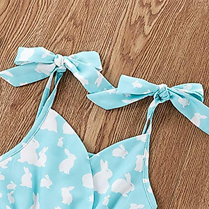 Flashing boy One-Piece Toddler Kid Baby Girl Easter Outfit Bowknot Strap Romper Ruffle Bunny Print Jumpsuit Headband (Blue-Rabbit, 3-4 Years)