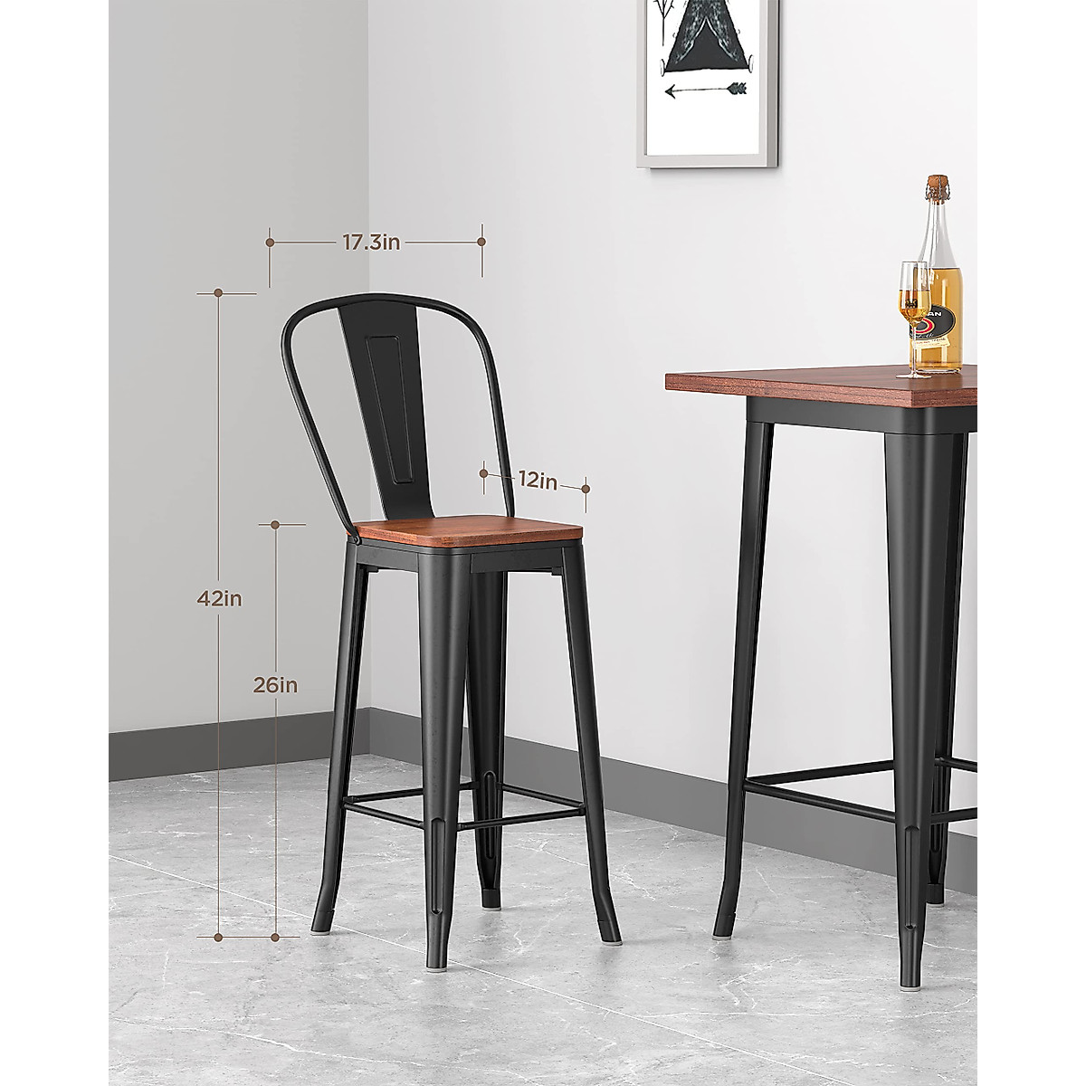 Aiho Bar Stools 30” Dining Chairs Outdoor Patio Bistro Set of 2 Metal Height Bar Stools with Wood Seat and Removable Backrest, Gloss Black