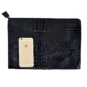 Van Caro Oversized Leather Crocodile Clutch Envelope Purse Evening Handbag for Women, Black