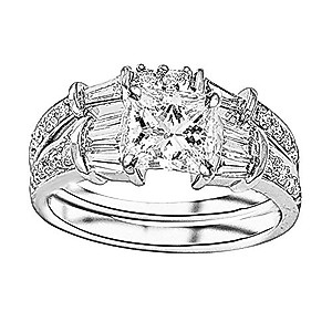 1.34 Carat Platinum Baguette Round GIA Certified Princess Cut Diamond Engagement Ring Wedding Bridal Band Set (0.59 Ct E Color SI1 Clarity Center Stone)