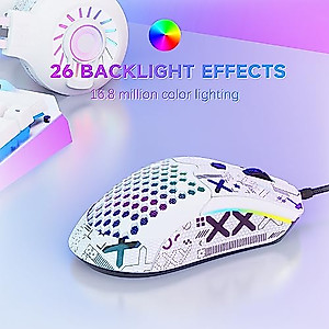 ZIYOU LANG M5 RGB Lightweight Wired Gaming Mouse with 12000 DPI 6 Programmed Buttons,65G Honeycomb Shell,Ultralight Ultraweave Cable,Pixart 3325 Optical Sensor Gamer Mice(White)