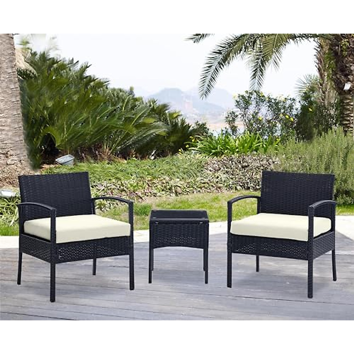 Manhattan Comfort Noli Steel Rattan 3-Piece Patio Conversation Set with Cushions, Cream