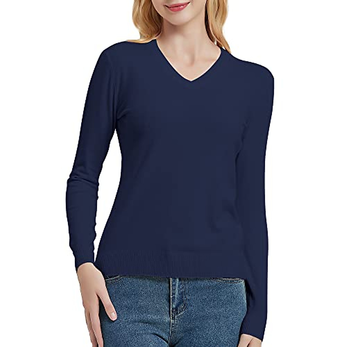 Urban CoCo Women's V Neck Long Sleeve Solid Classic Knit Pullover Sweater Tops (Navy Blue, L)