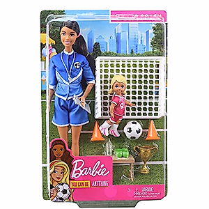 Barbie Soccer Coach Playset with Brunette Soccer Coach Doll, Student Doll and Accessories: Soccer Ball, Clipboard, Goal Net, Cones, Bench and More for Ages 3 and Up, Multi